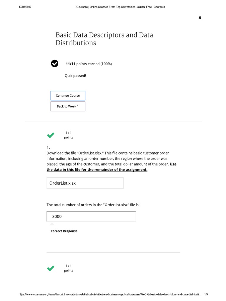 Basic Data Descriptors and Data Distributions Answers (Coursera) | PDF