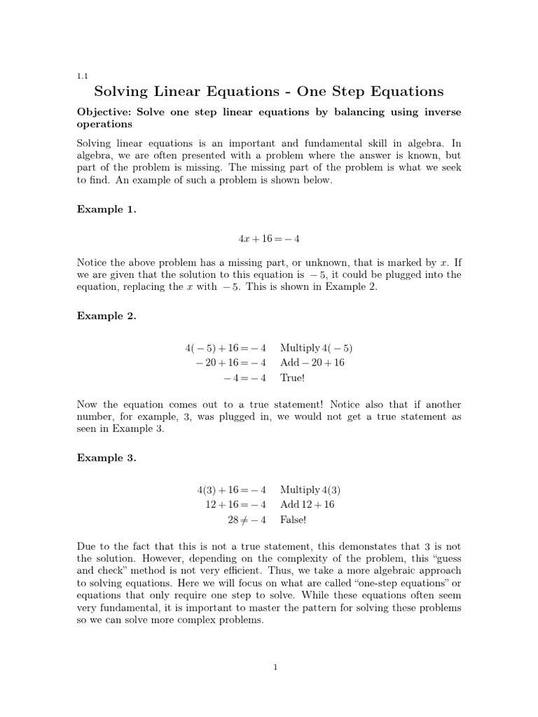 1.1 One-Step Equations | PDF | Equations | Multiplication