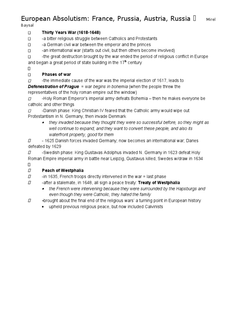 European Absolutism: France, Prussia, Austria, Russia: Thirty Years War ...