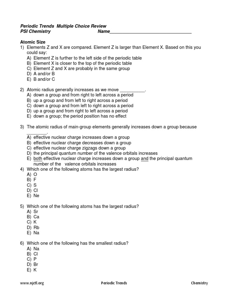 Periodic Trends MCQ Review Guide | PDF | Ion | Periodic Table