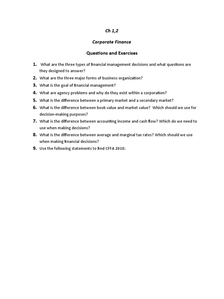 Questions and Exercises 1. 2. 3. 4. 5. 6. 7. 8. 9.: CH 1,2 Corporate ...
