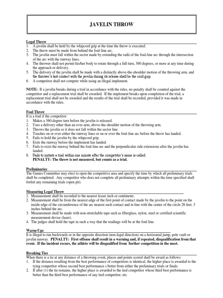 Javelin Throw Rules and Regulations | PDF | Track And Field | Leisure