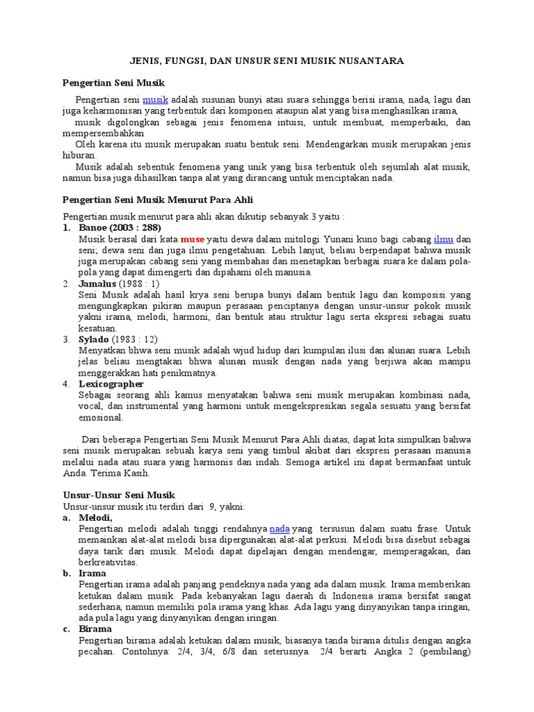 Jenis, Fungsi, Dan Unsur Seni Musik Nusantara | PDF