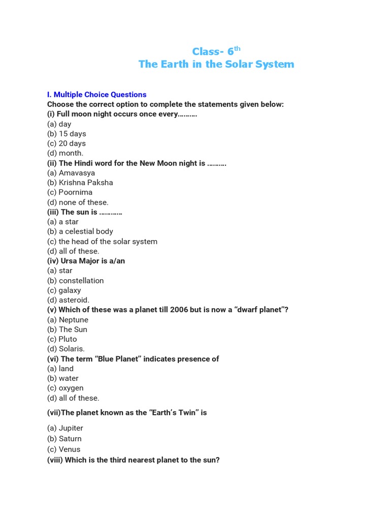 Class-6 The Earth in The Solar System: I. Multiple Choice Questions ...