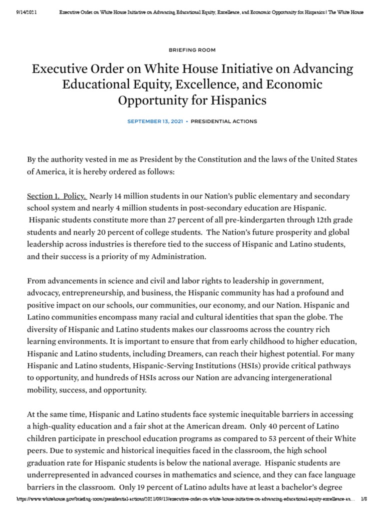 Executive Order On White House Initiative On Advancing Educational ...