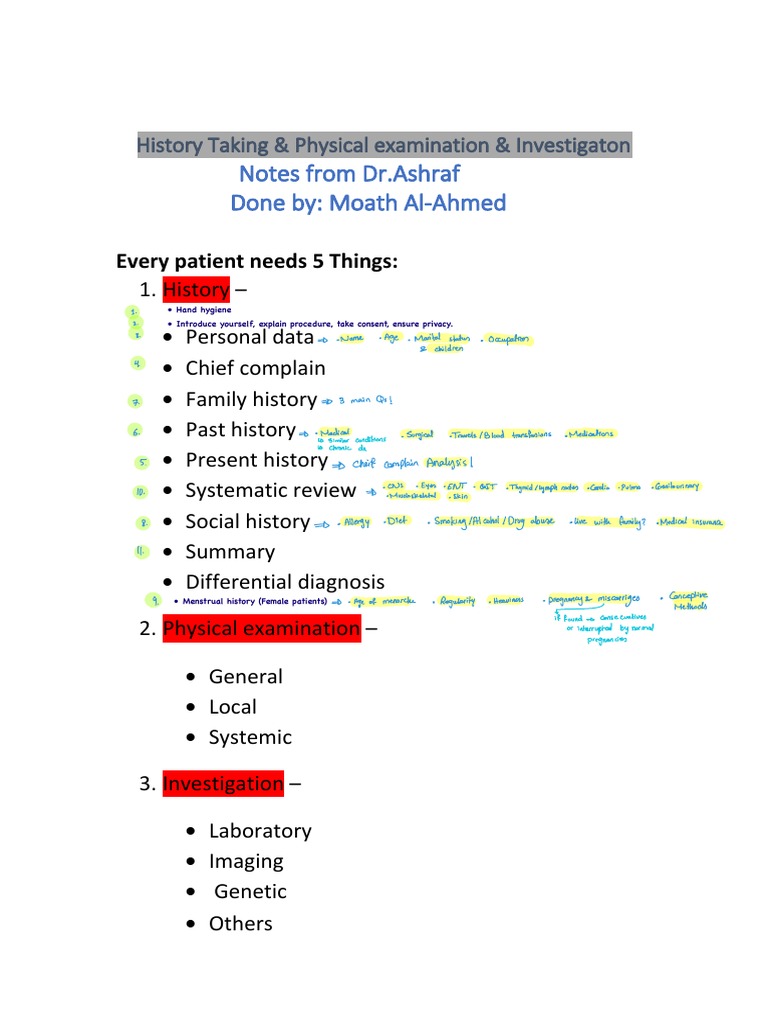 History Taking + Physical Examination + Investigations-1 | PDF ...