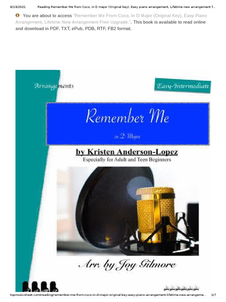 Reading Remember Me From Coco, in D Major (Original Key), Easy Piano ...