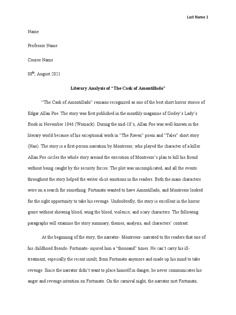 Literary Analysis of The Cask of Amontillado - Essay 3 Assignment | PDF