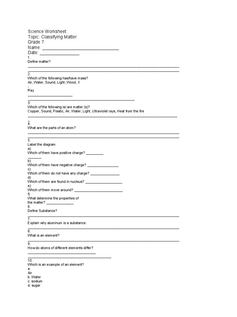 Science Worksheet Grade 7 | Download Free PDF | Mixture | Chemical ...