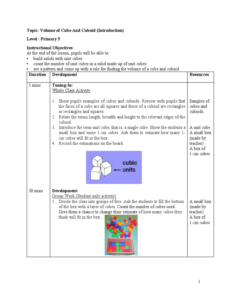 Primary - 1 - Lesson Plan Cube and Cuboid | PDF | Length | Lesson Plan