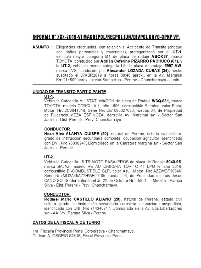 Informe Accidente de Transito (Choque) Santa Ana | PDF | Transporte