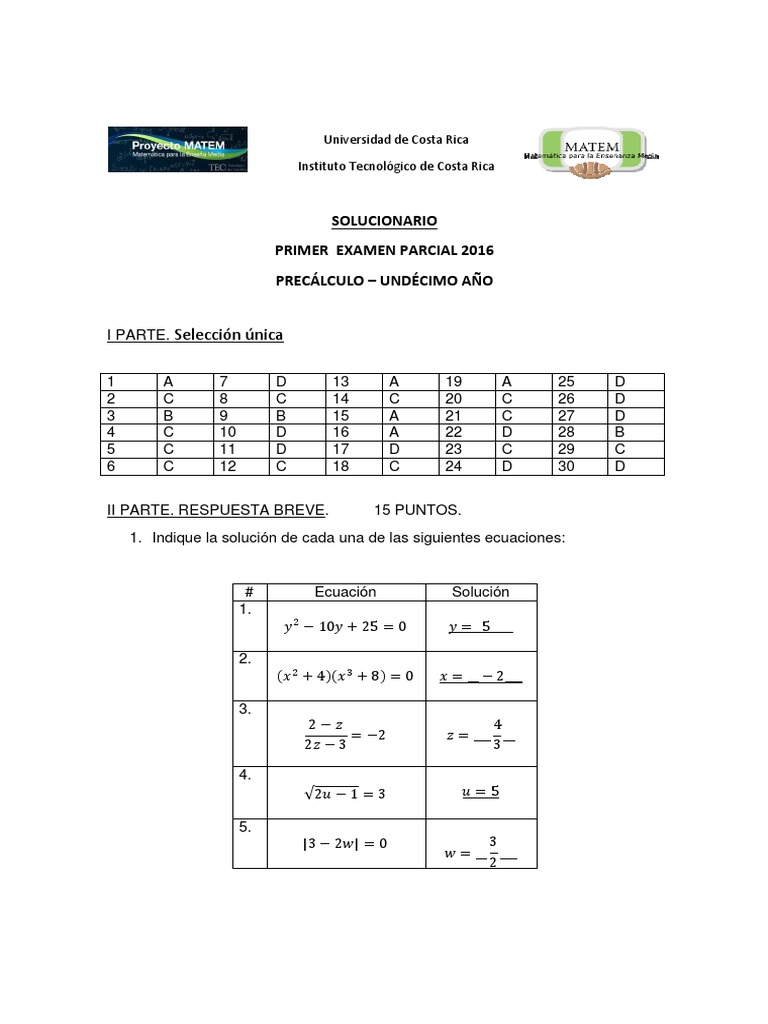 Solucionario I Parcial Precálculo Undécimo 2016 | PDF | Geometría Elemental | Matemática Elemental