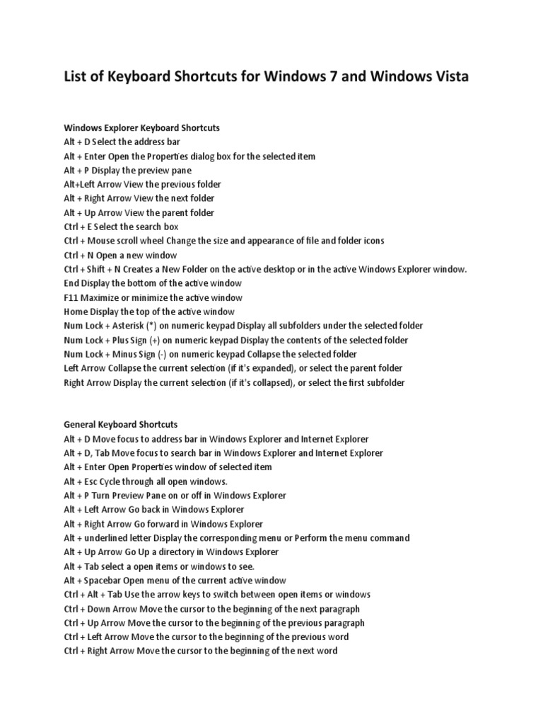 List of Keyboard Shortcuts For Windows 7 and Windows Vista (WWF) | PDF ...