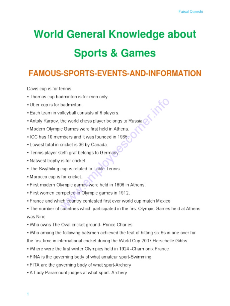 World General Knowledge About Sports | PDF | Olympic Games | Test Cricket