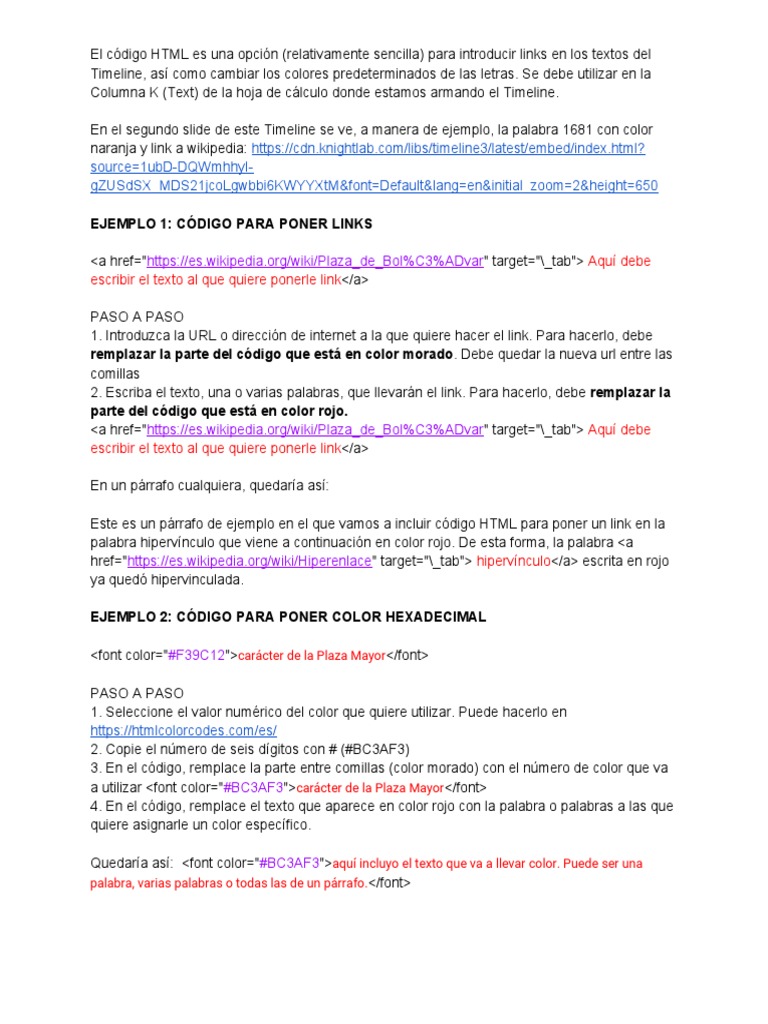 Código HTML para Color de Textos y Links de Textos en Timeline | PDF ...