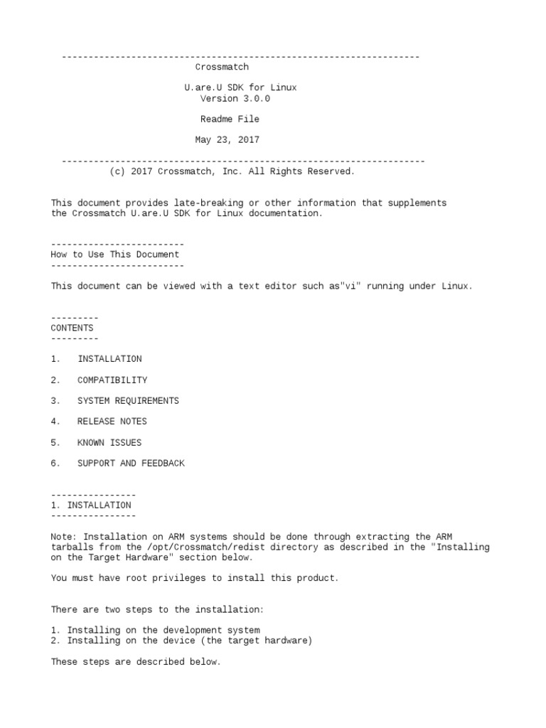 Crossmatch U.are.U SDK for Linux v3.0.0 Readme | PDF | Arm Architecture | Linux