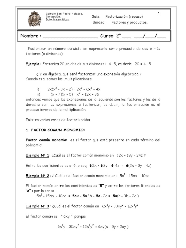 Factorizaci N Nolasco 2010 - Repaso | PDF | Factorización | Matemática Elemental