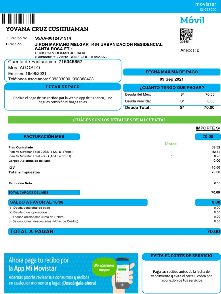 Recibo MovistarMovil Agosto2021 | PDF | Servicio de Mensajes Multimedia ...