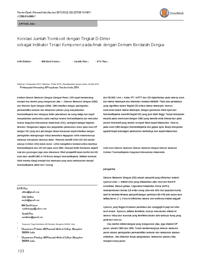 Korelasi Trombosit dan D-Dimer pada DBD | PDF