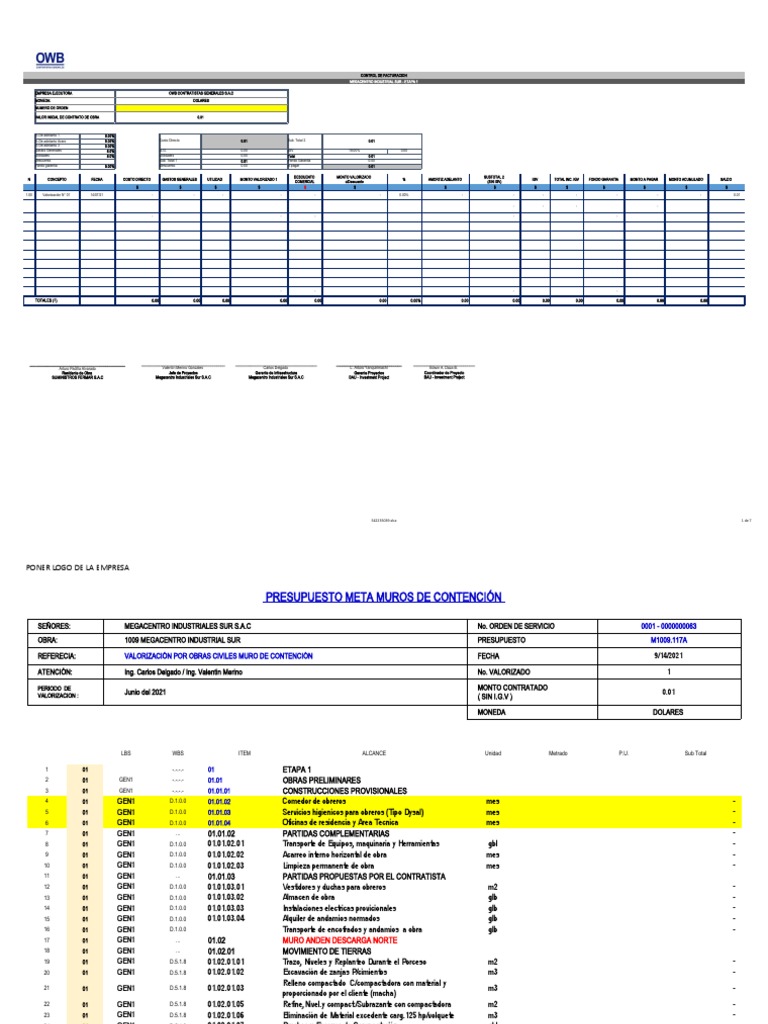 Ppto Muro de Contención Owb - Bim | PDF | Hormigón | Ingeniería