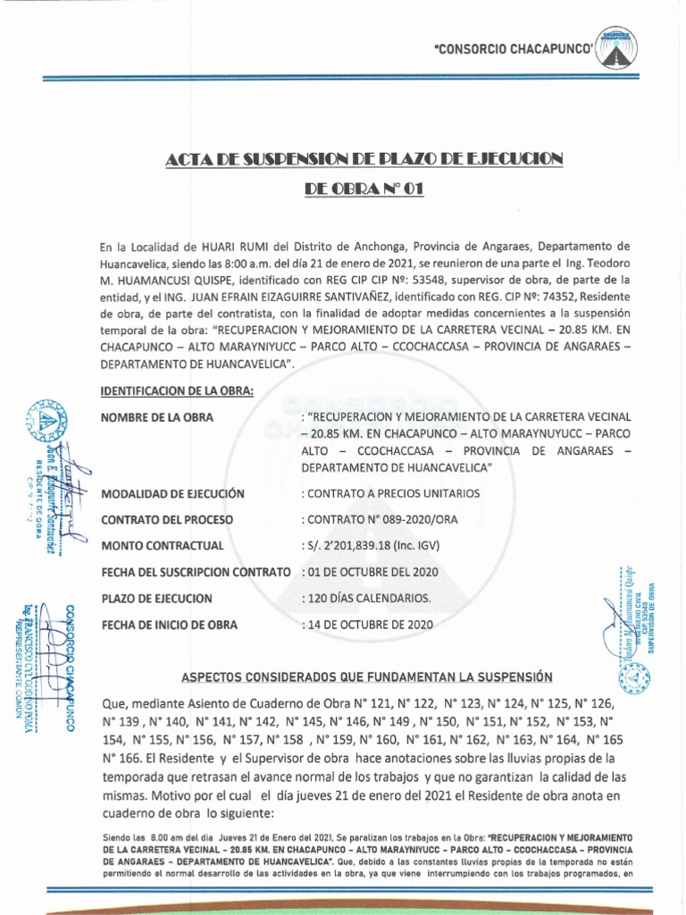 Acta de Paralizacion de Obra N°1 | PDF