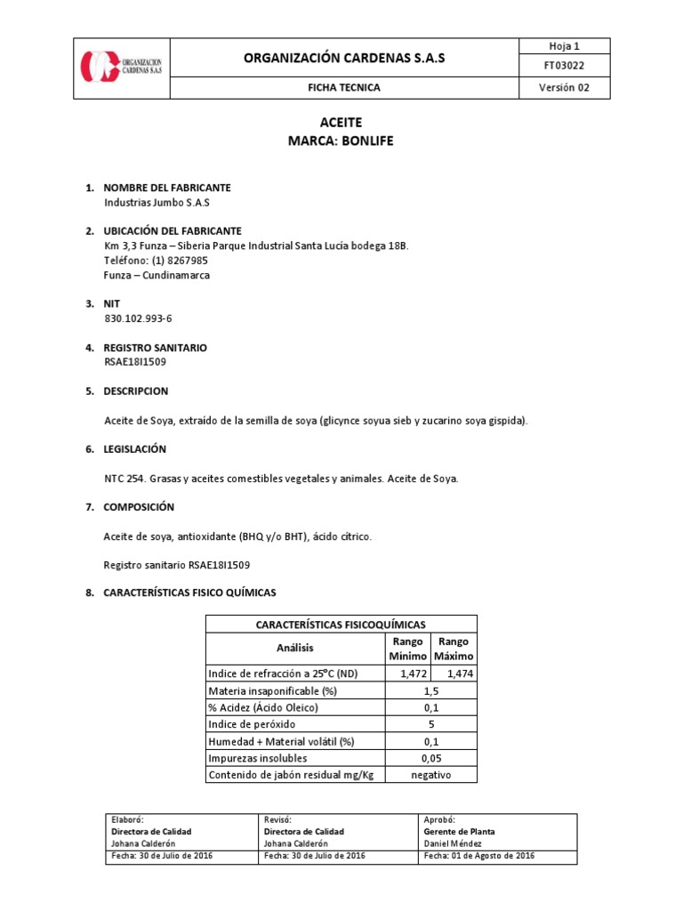 Aceite Bonlife FT03022 Ficha Técnica V03 | PDF | Petróleo | gordo