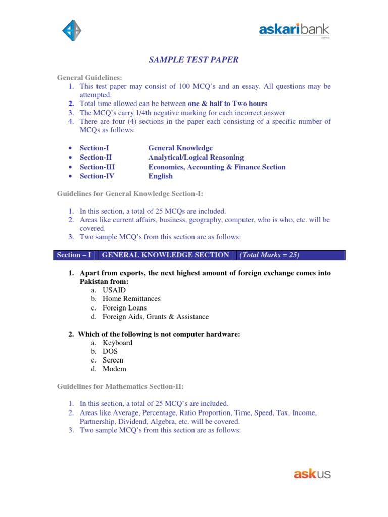 Allied Bank MTO Test Sample Paper | PDF | Economics | Economies