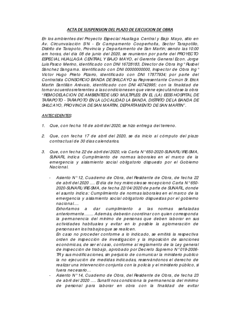 Acta de Suspension Del Plazo de Ejecucion de Obra RV | PDF