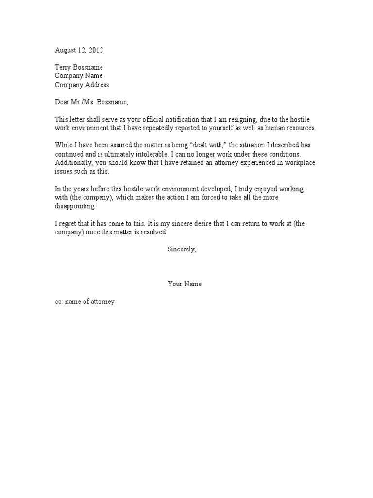 Hostile Environment Resignation Letter-1 | PDF