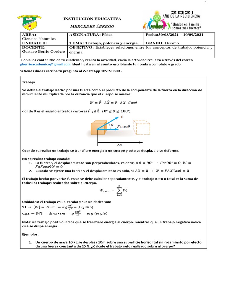 GUÍA APRENDIZAJE 31 Trabajo, Potencia y Energia | PDF | Vatio | Energía ...
