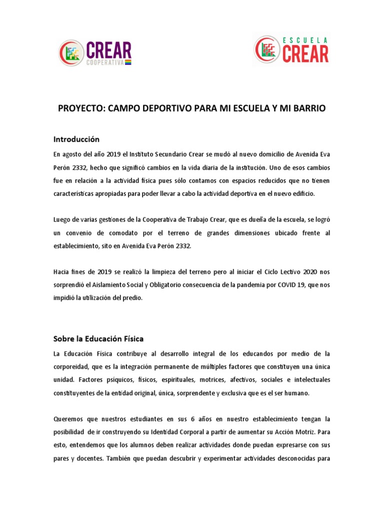 Proyecto de Campo Deportivo Escolar | PDF | Deportes | Inclusión ...