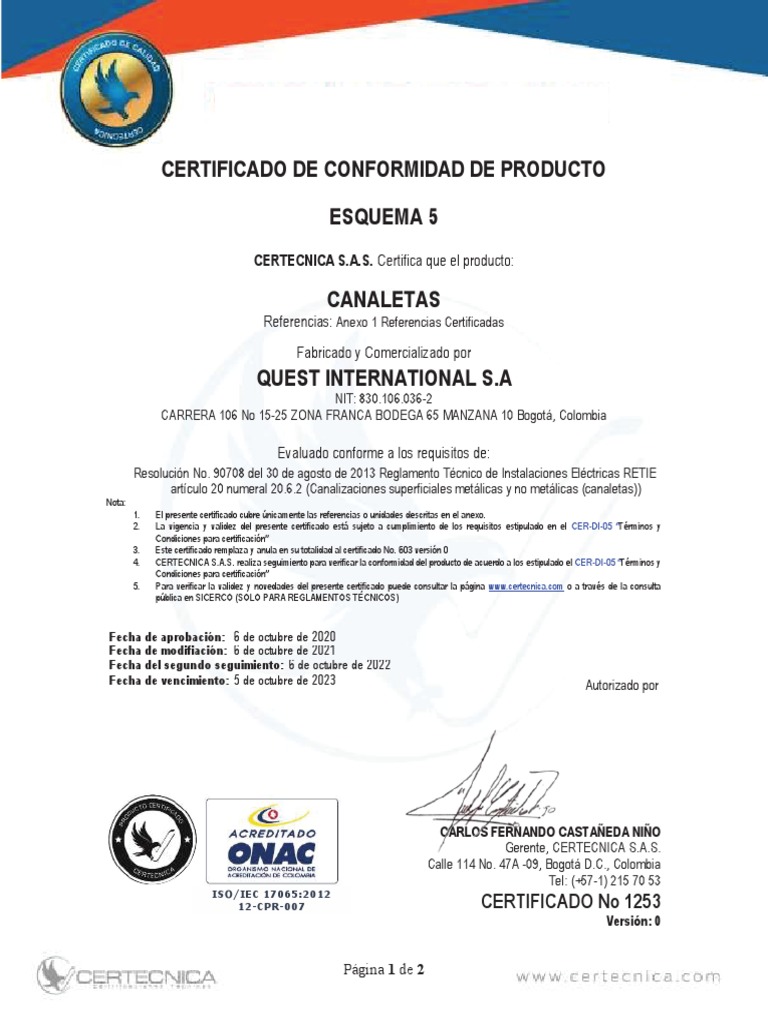 Certificado RETIE 1253 - Canaletas | PDF