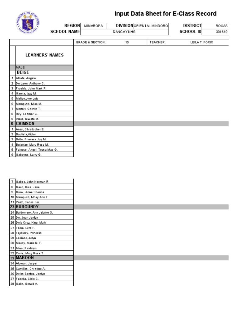 Grade 10 - Tle e - Class Record CSS | PDF
