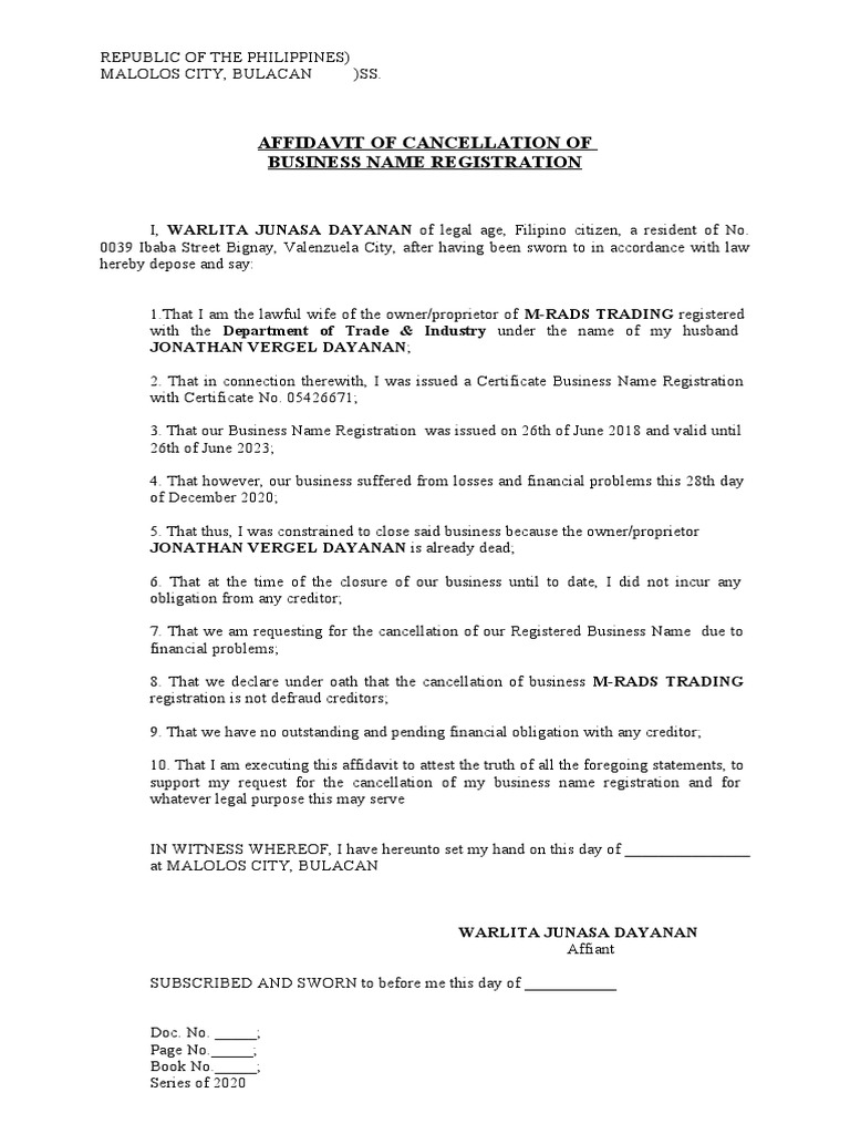 Affidavit for Business Name Cancellation | PDF