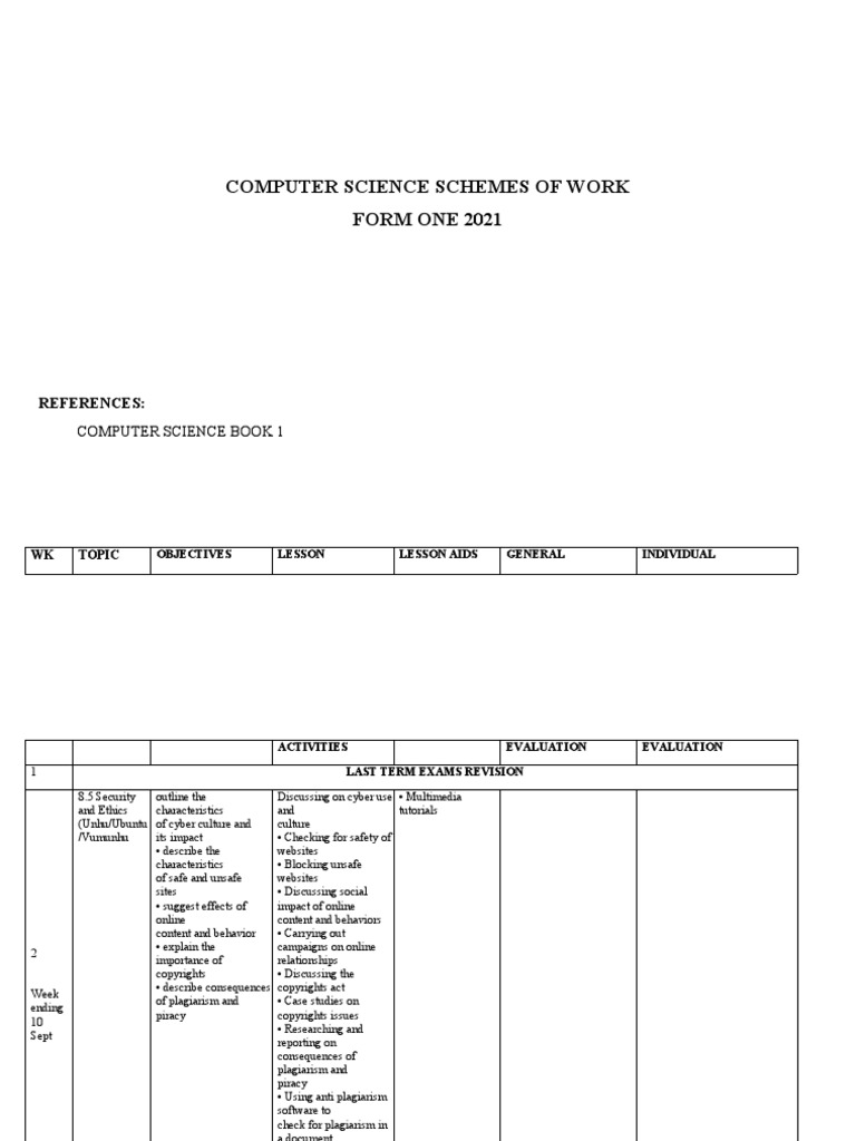 Computer Science Form 1 Scheme | PDF | Databases | World Wide Web