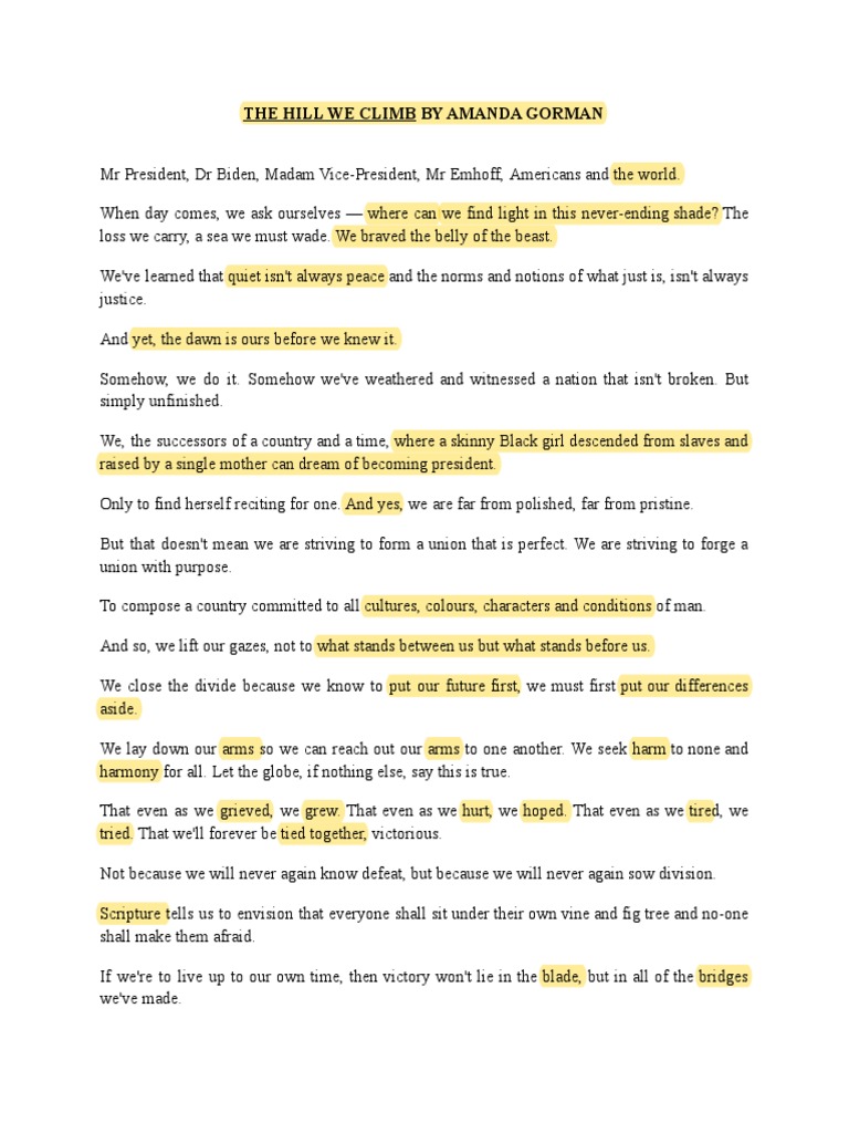 WORKSHEET - The Hill We Climb by Amanda Gorman | PDF