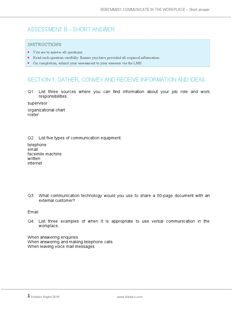 BSBCMM201 - Assessment B - Short Answer - V1-0 | PDF | Body Language ...