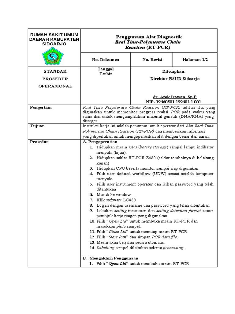 SOP Pengoperasioan Alat RT-PCR (NEW) | PDF