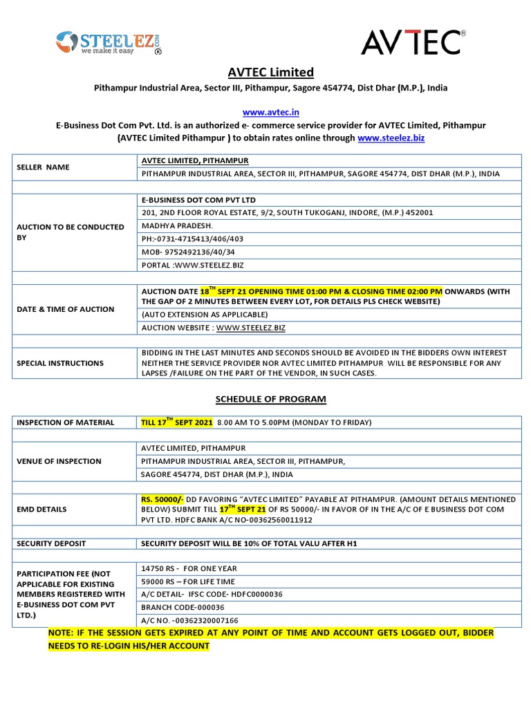 Avtec Limited Pithampur 18TH Sept 2021 | PDF | Auction | Arbitration