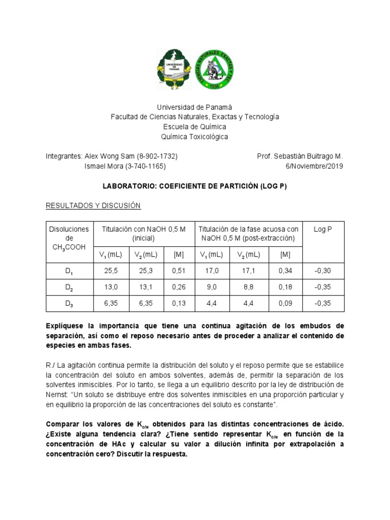 Laboratorio Tox - Coeficiente de Particion | PDF | Concentración ...