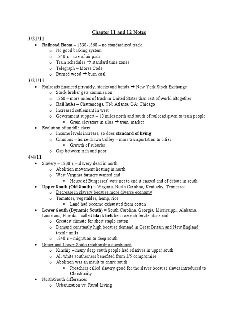 Chapter 11 and 12 Notes | PDF | Southern United States | Slavery