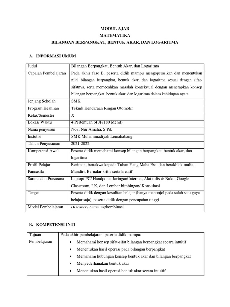 Modul Ajar Matematika Pert 1-4 | PDF | Karier & Perkembangan | Sains & Matematika