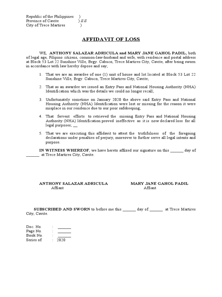 Affidavit of Loss and Request for Replacement of Lost Documents | PDF | Affidavit | Taxes