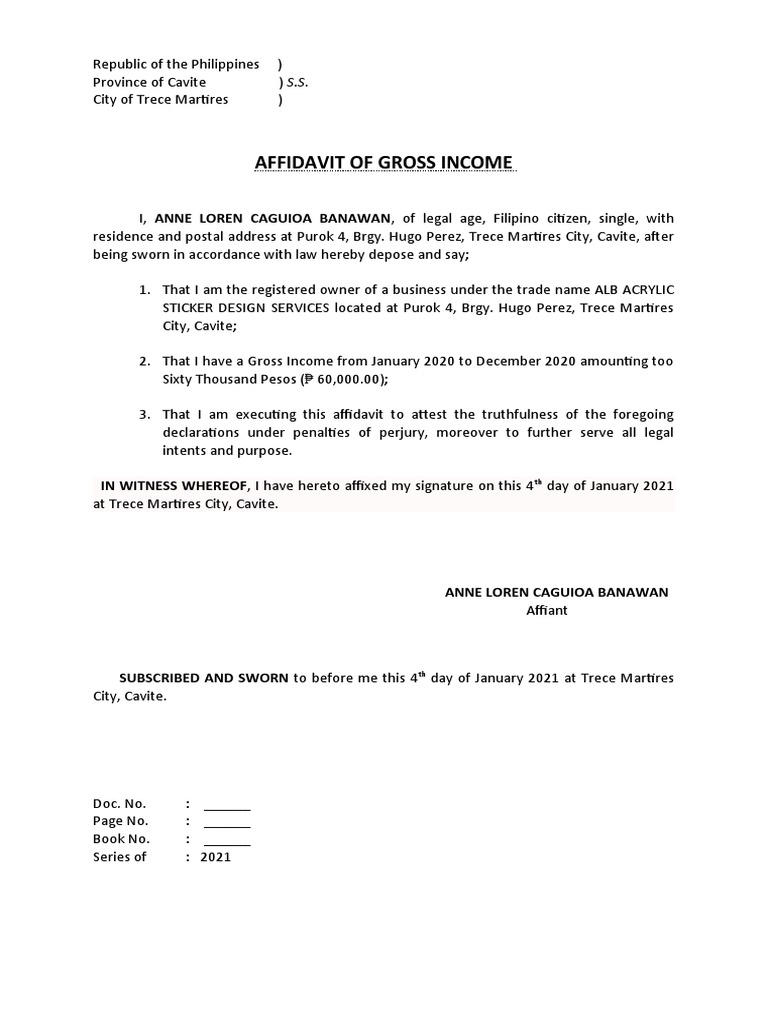 Affidavit of Gross Income-ANNE LOREN CAGUIOA BANAWAN | PDF