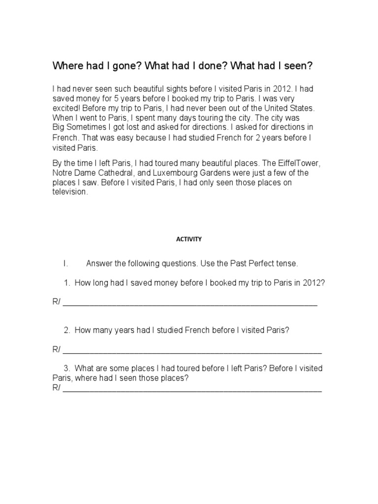 Past Perfect Activity | PDF | Question | Paris