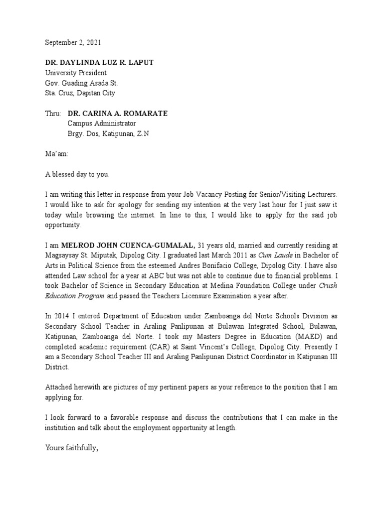 Application Letter Jrmsu | PDF