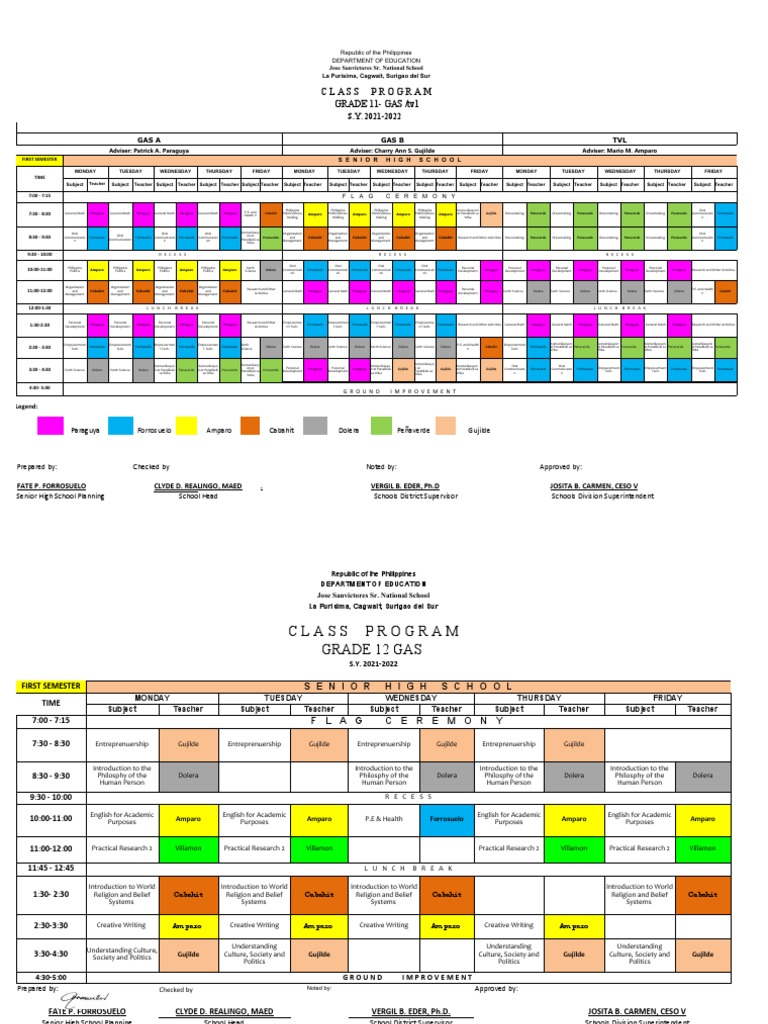 SHS Grade 11 2021 2022 Class Program 2 - GAS A GAS B | PDF | Science ...