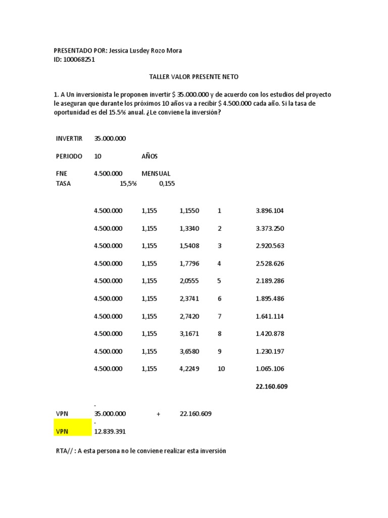 Ejercicio Valor Presente Neto | PDF | Economias | Economía Financiera