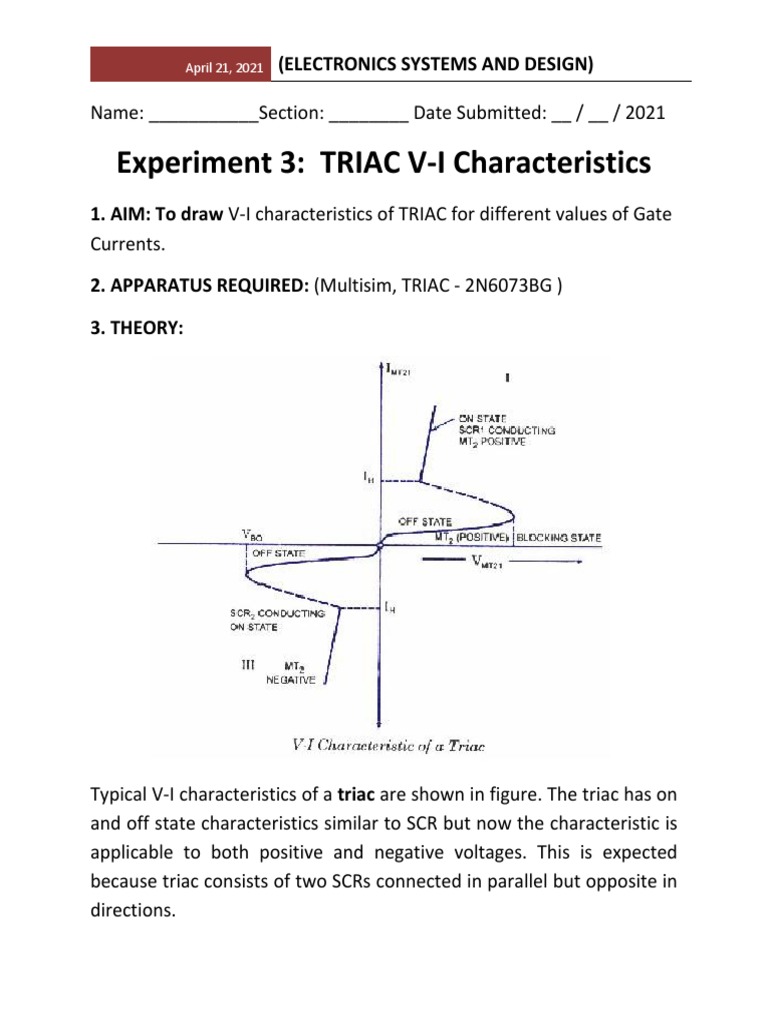 Experiment 3: TRIAC V-I Characteristics: (Electronics Systems and ...