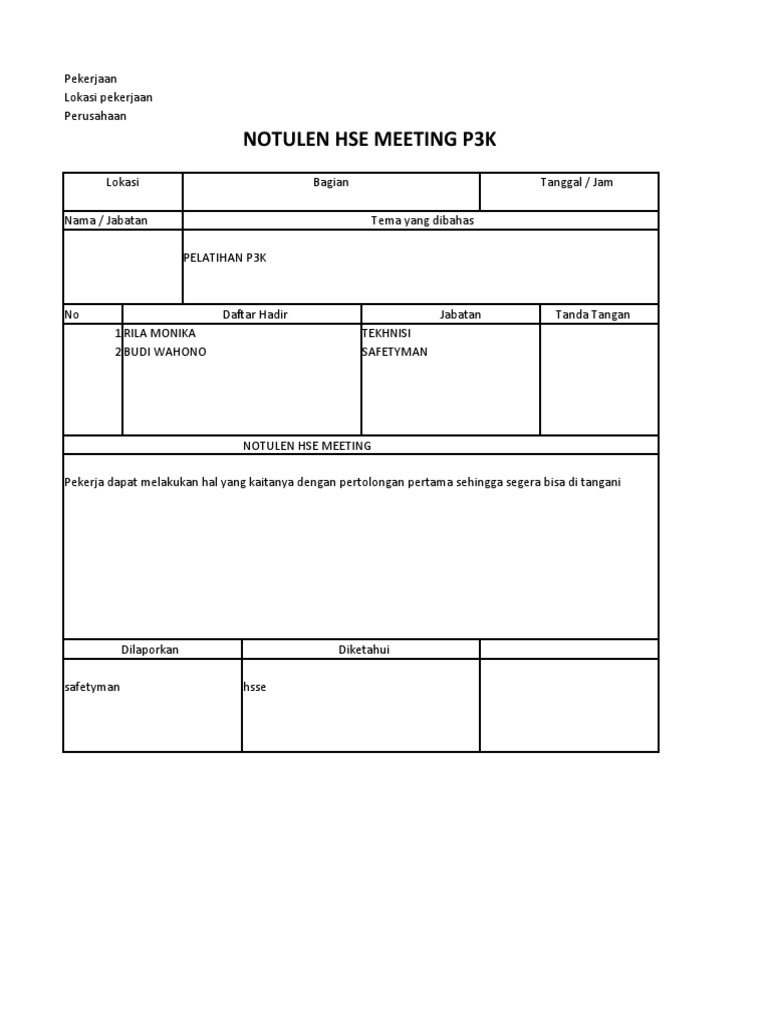 NOTULEN HSE MEETING B Pelatihan P3K | PDF